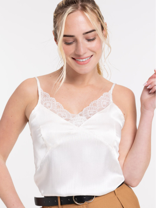 Top col V dentelle satiné femme